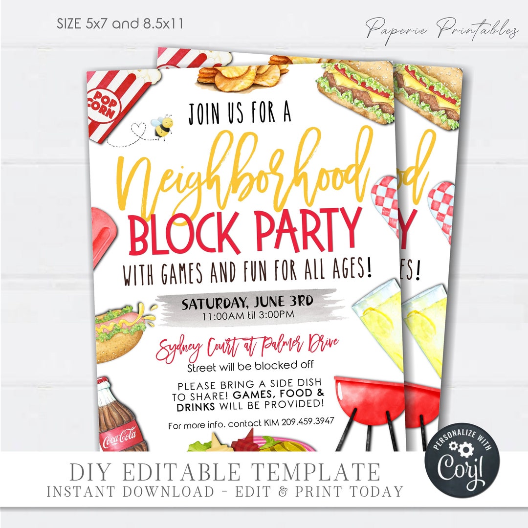 Editable Neighborhood Block Party BBQ Invitation, Neighborhood Block ...