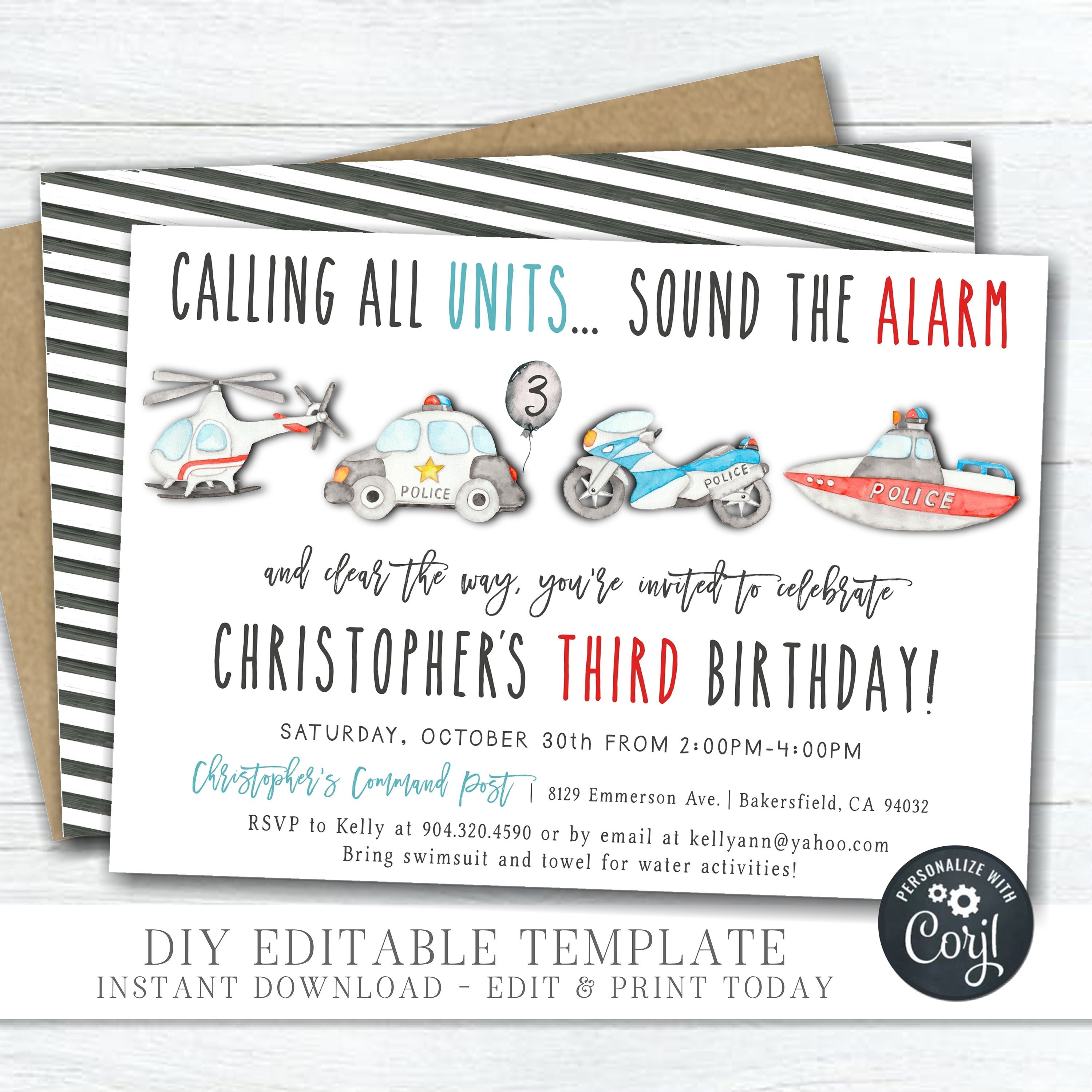 EDITABLE Police Birthday Invitation Police Party Invitation - Etsy