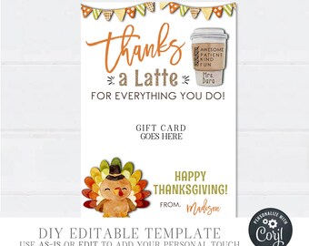 PRINTABLE Thanksgiving Coffee Gift Card Holder Teacher - Etsy