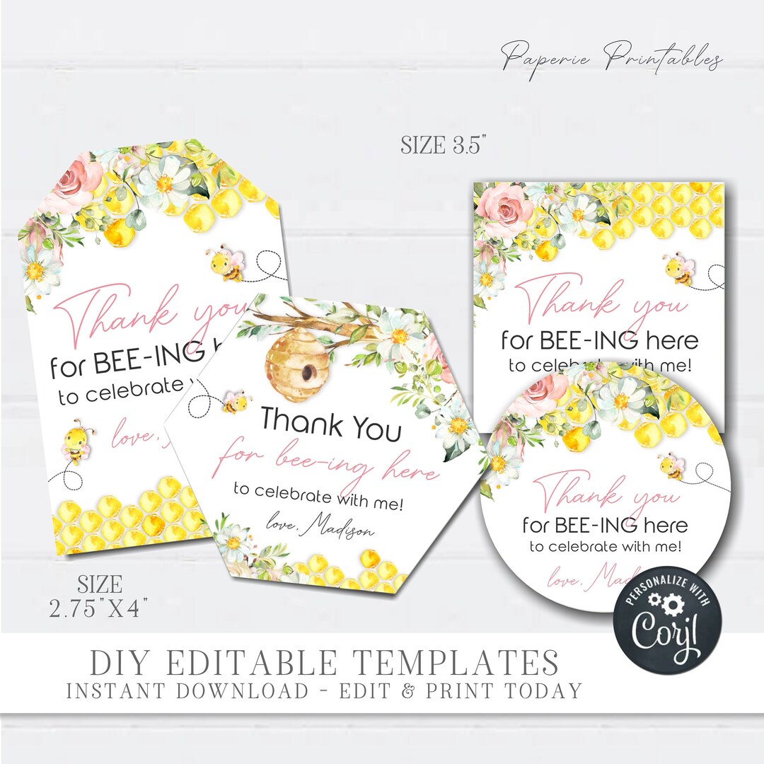 Editable Bee Birthday Favor Tags: Thank You Bee-day (corjl) - Etsy