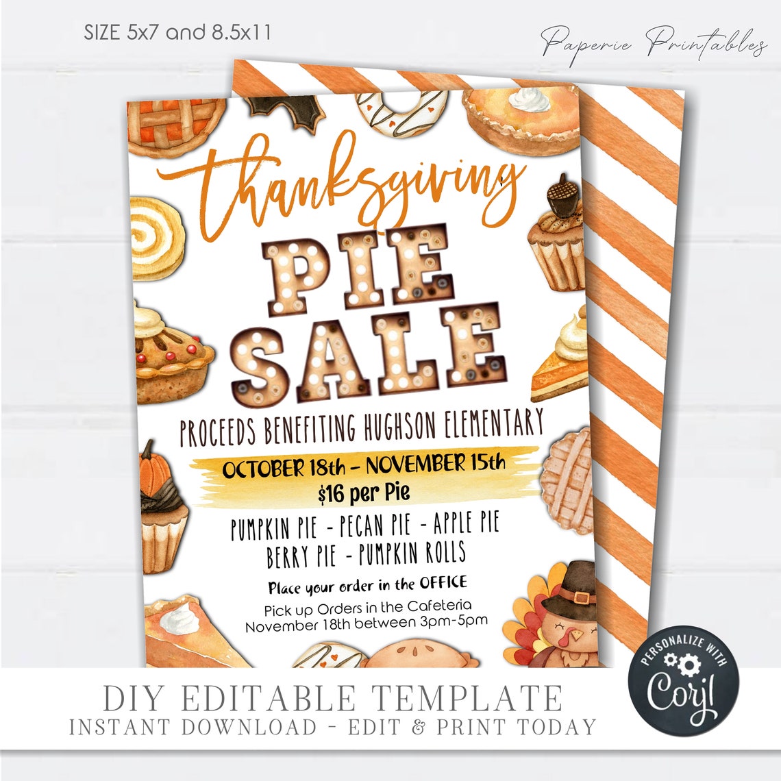 EDITABLE Thanksgiving Pie Sale Flyer, Thanksgiving Pie Fundraising ...