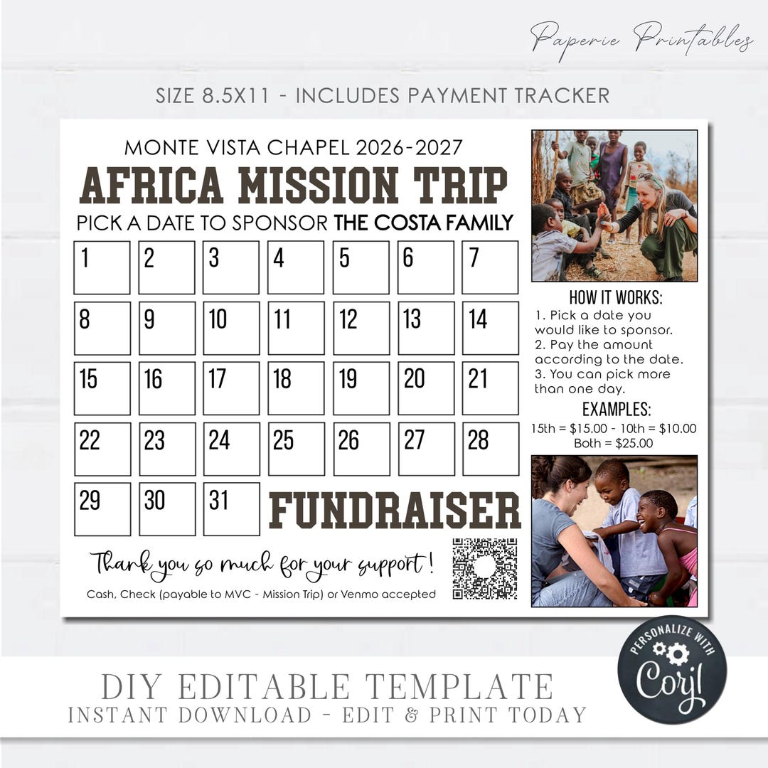 Editable Mission Trip Calendar Fundraiser Template (DIY Digital ...