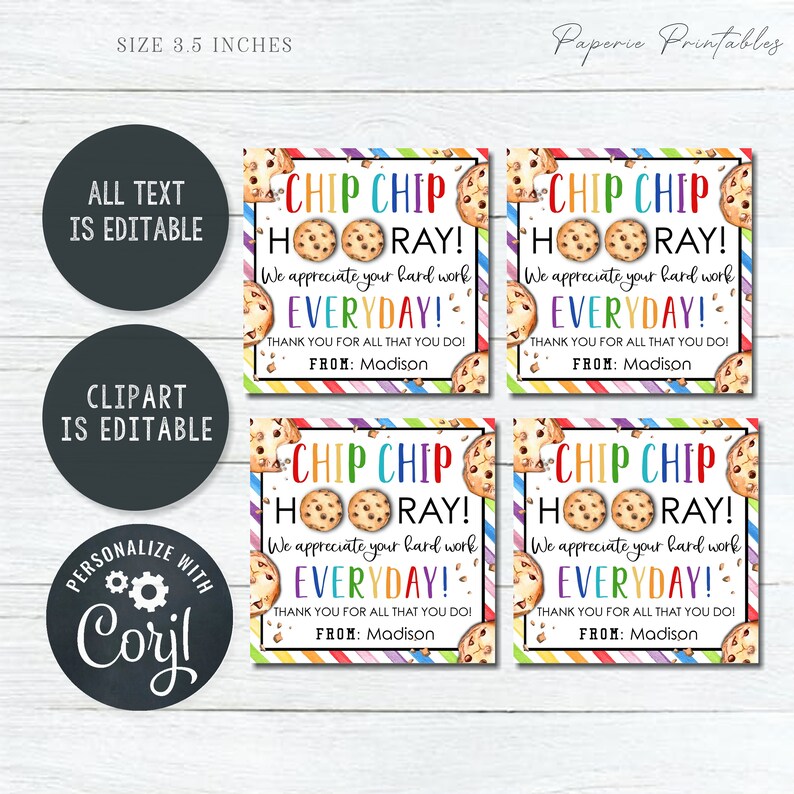 Editable Teacher Appreciation Gift Tag: Chip Chip Hooray (digital ...