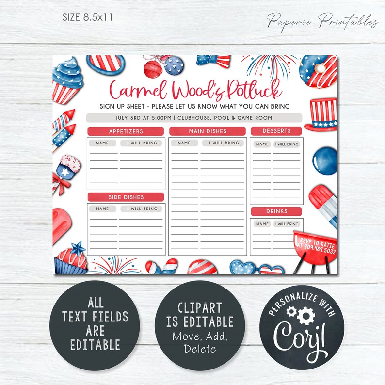 Editable 4th of July Potluck Sign up Sheet Potluck Sign up - Etsy