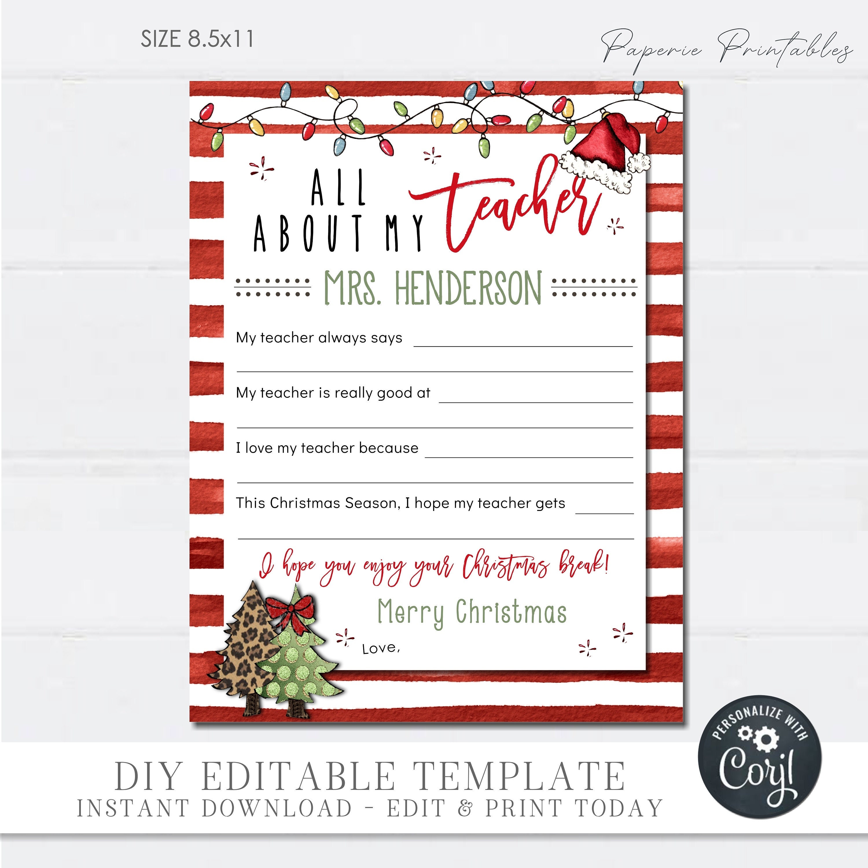 EDITABLE Teacher Holiday Gift All About My Teacher Christmas - Etsy