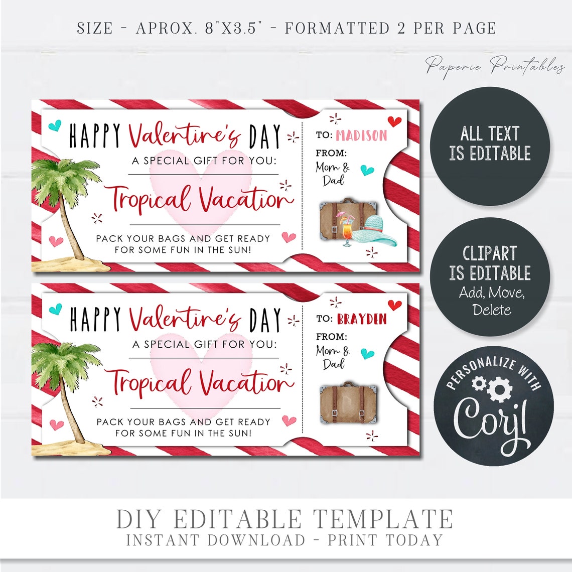 EDITABLE Tropical Vacation Gift Voucher, Valentine Gift Coupon ...