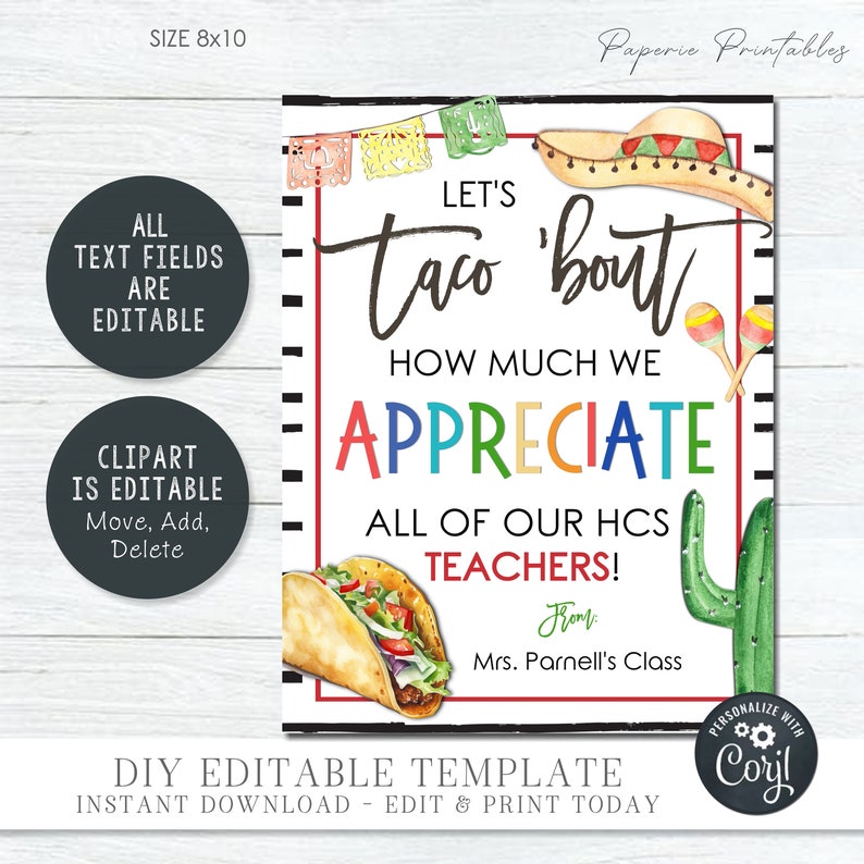 Taco 'bout Teacher Appreciation Sign: Editable Table Decor (digital ...