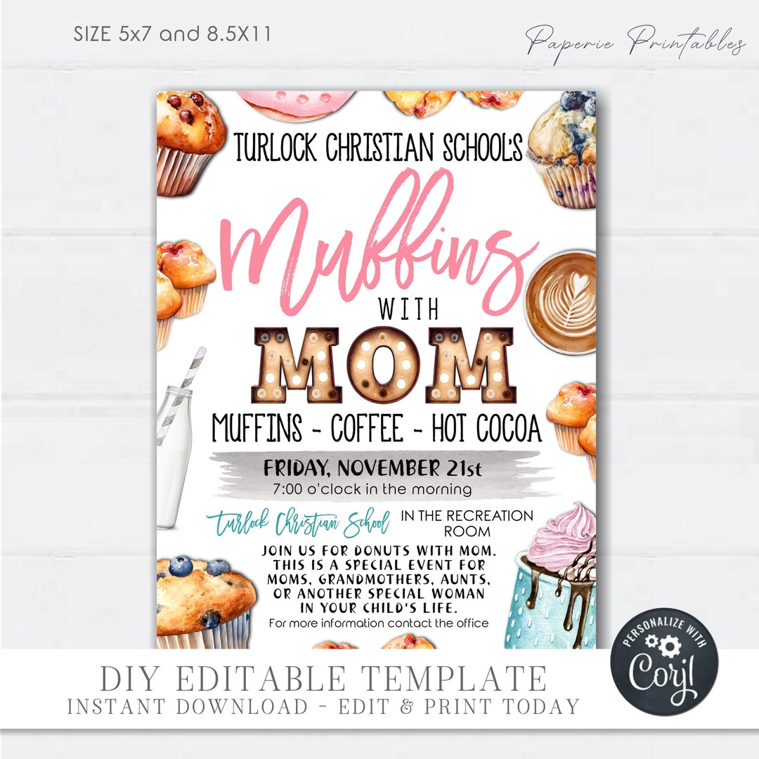 EDITABLE Muffins With Mom Flyer, Mother Appreciation Breakfast, Mother ...