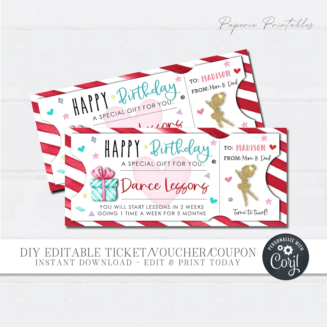 EDITABLE Birthday Gift Coupon, Dance Lessons Birthday Gift, Dance ...