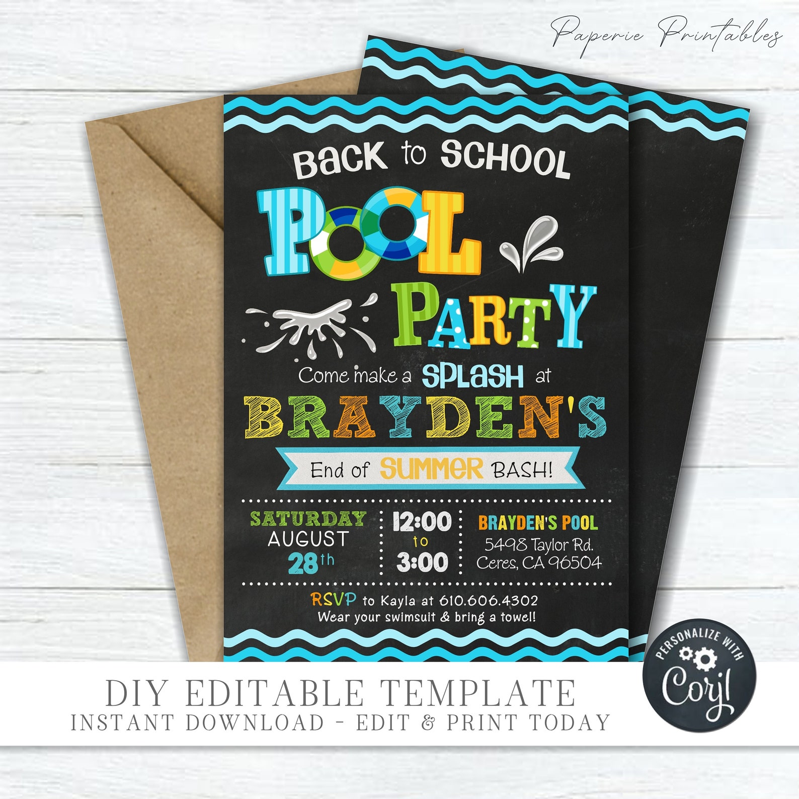 EDITABLE Back to School Pool Party Invitation End of Summer - Etsy