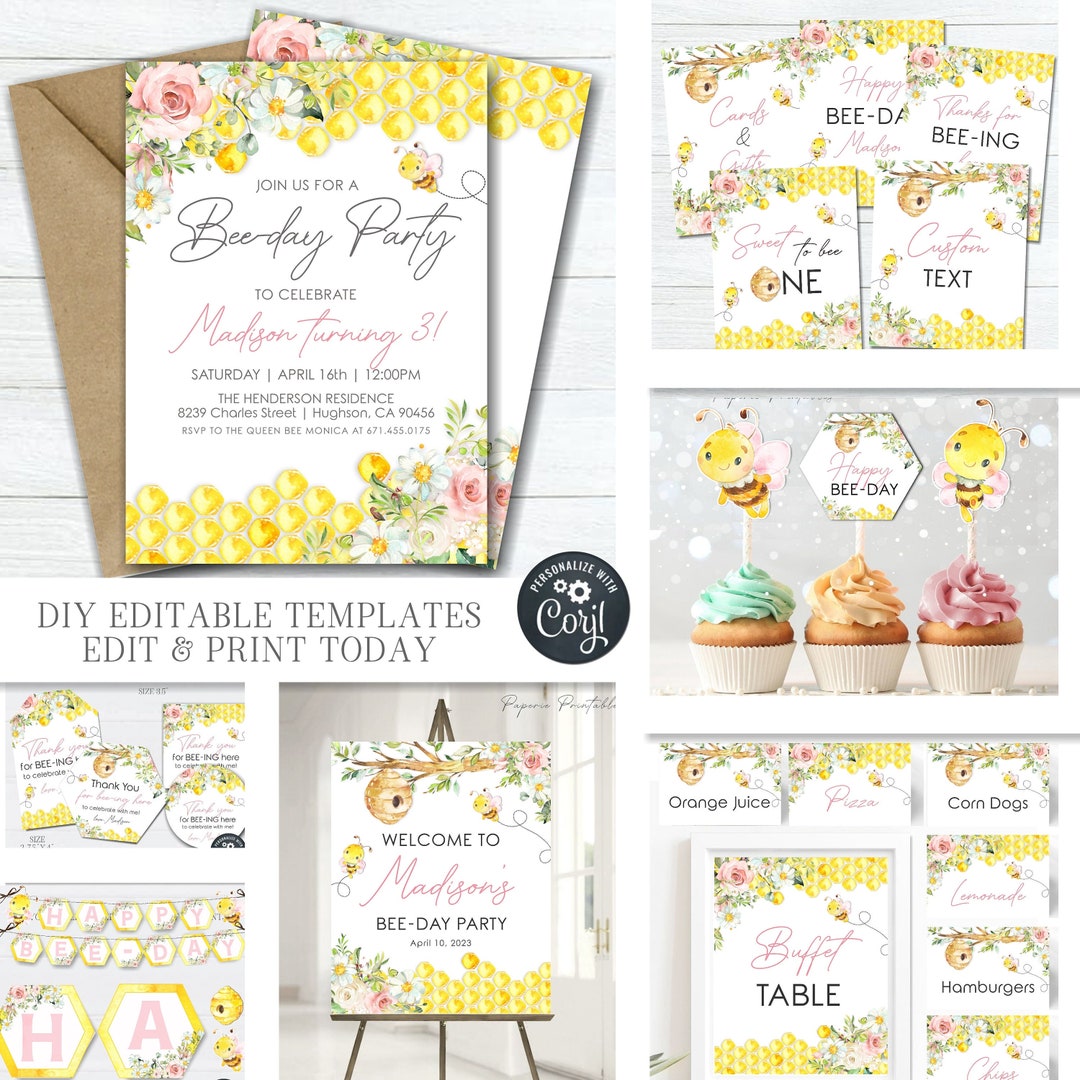 Editable Bee Birthday Party Decorations: Mega Bundle (DIY Corjl) #BP117 ...