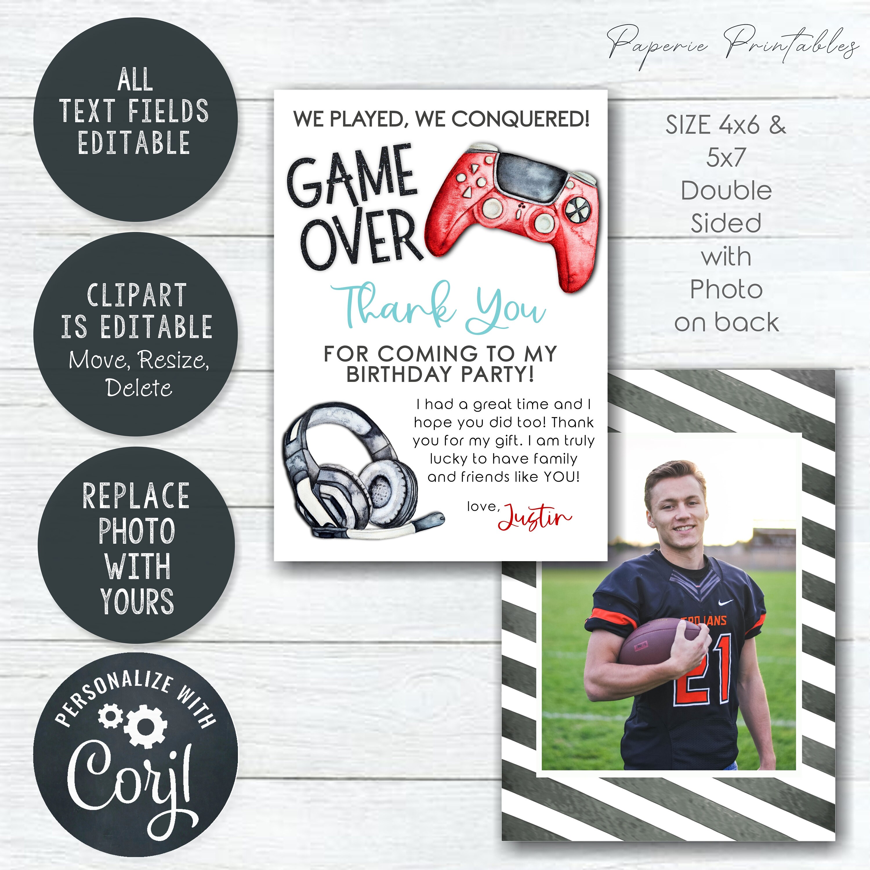 EDITABLE Gaming Birthday Thank You Card Video Game Birthday - Etsy México