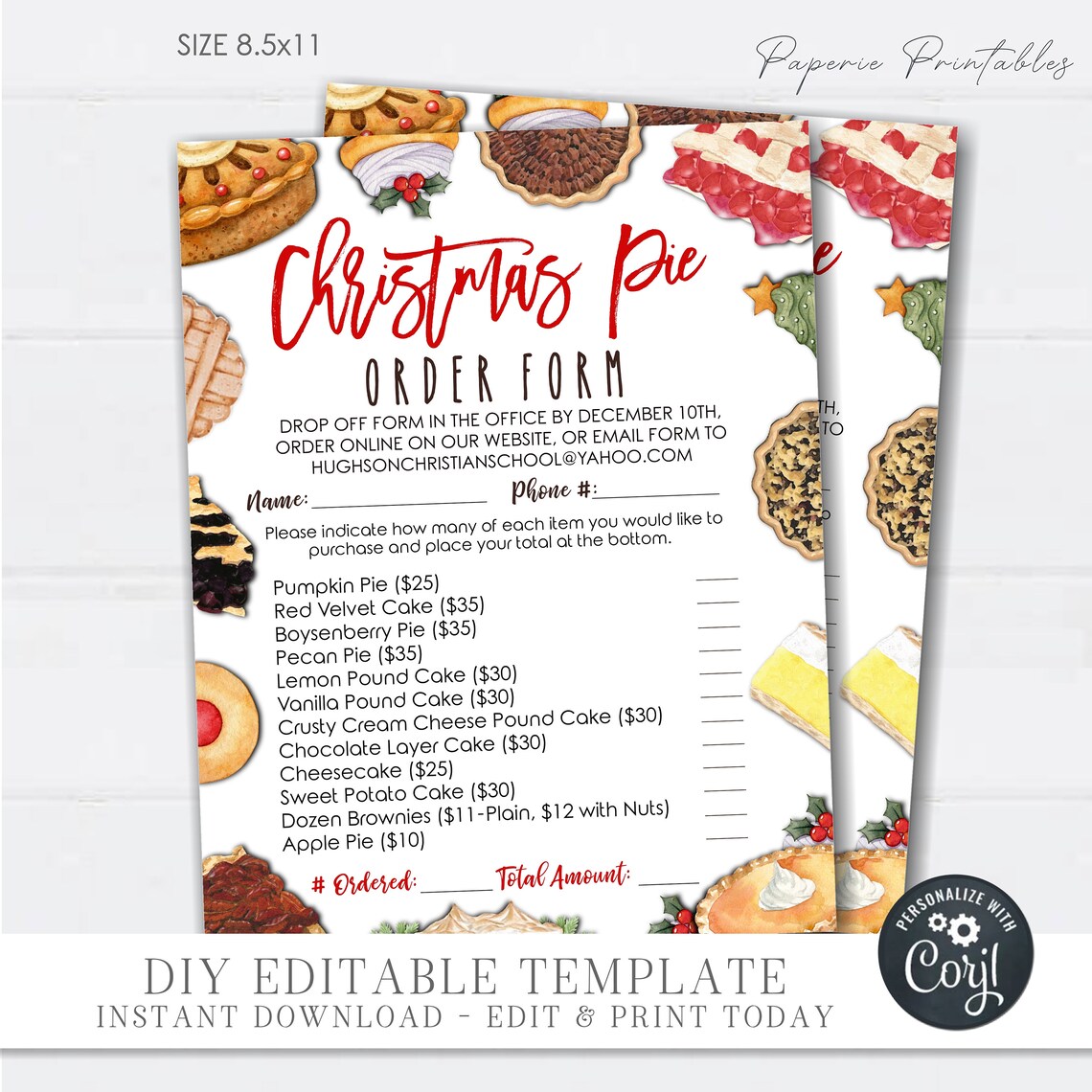 EDITABLE Christmas Pie Sale Order Form Christmas Bake Sale - Etsy