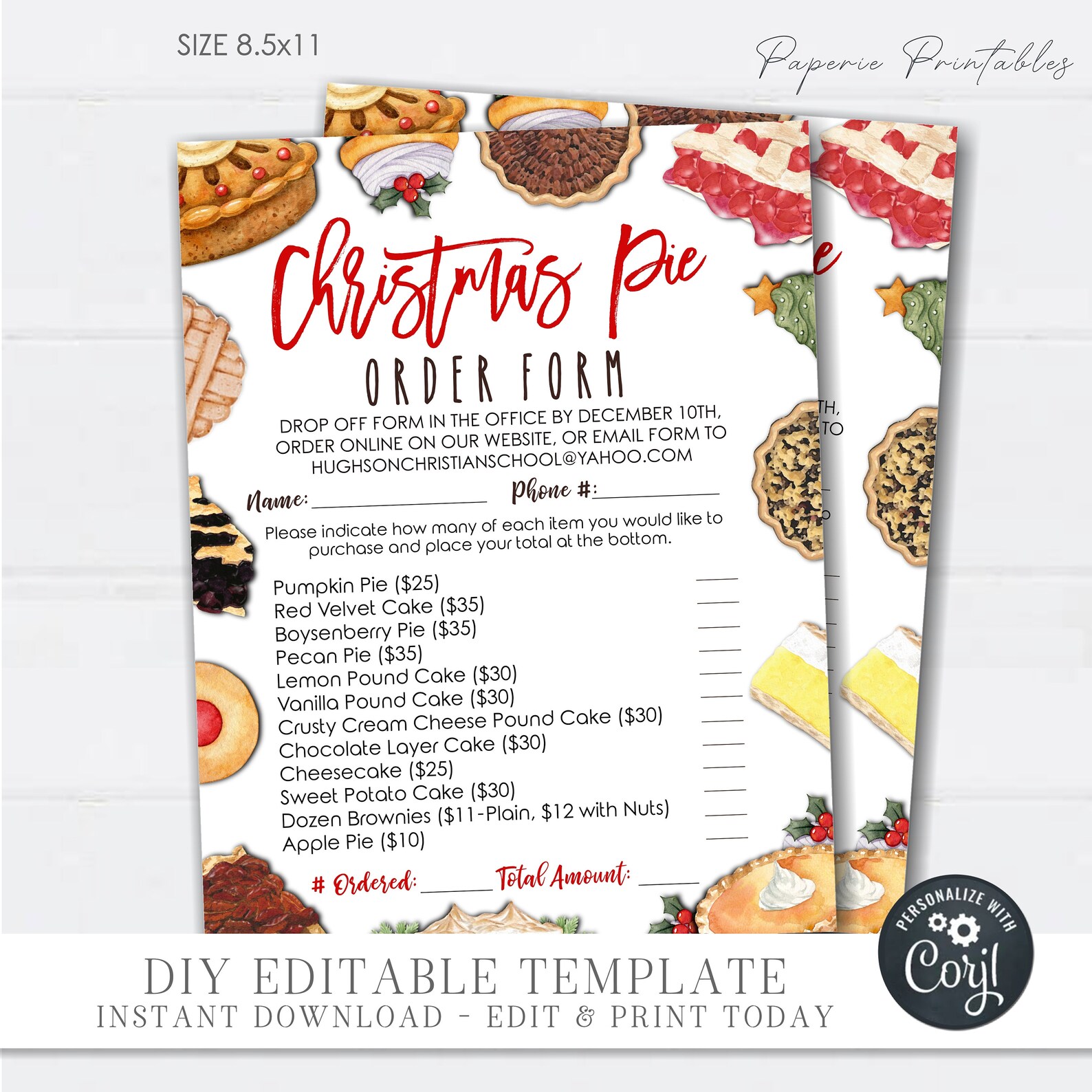 EDITABLE Christmas Pie Sale Order Form Christmas Bake Sale - Etsy