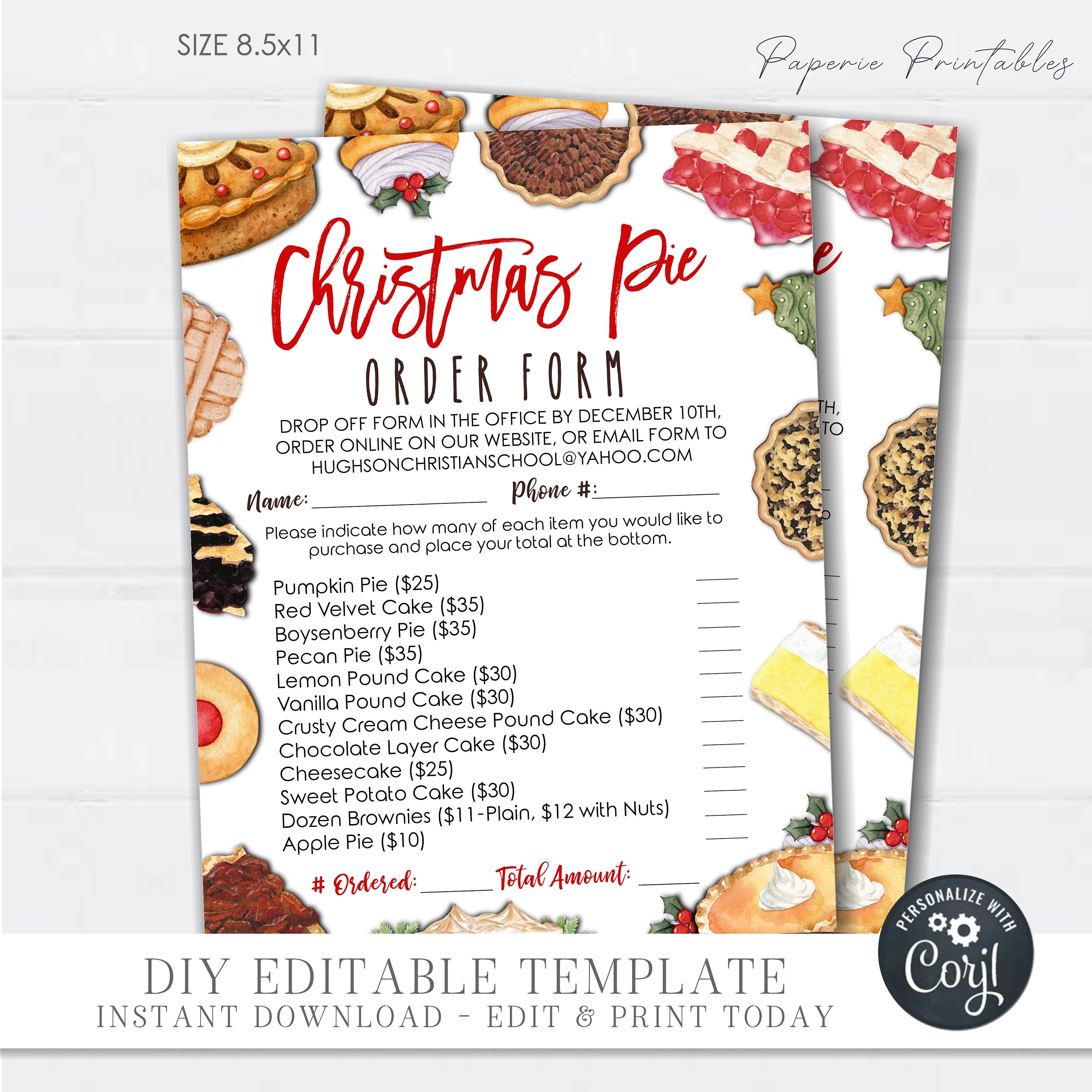 EDITABLE Christmas Pie Sale Order Form Christmas Bake Sale - Etsy