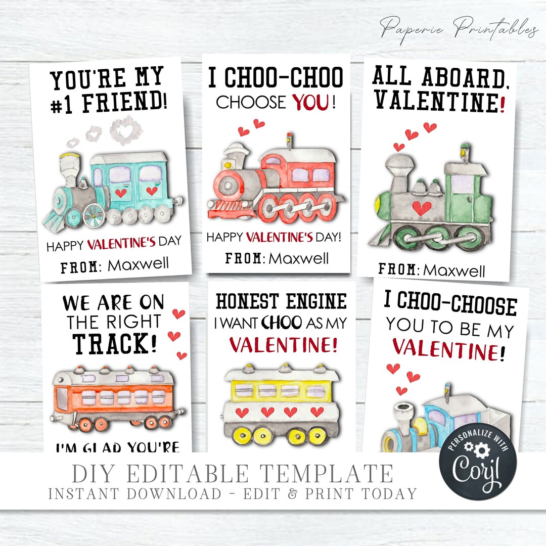Editable Train Valentine Tags, Kids Valentine Cards, School Valentine ...