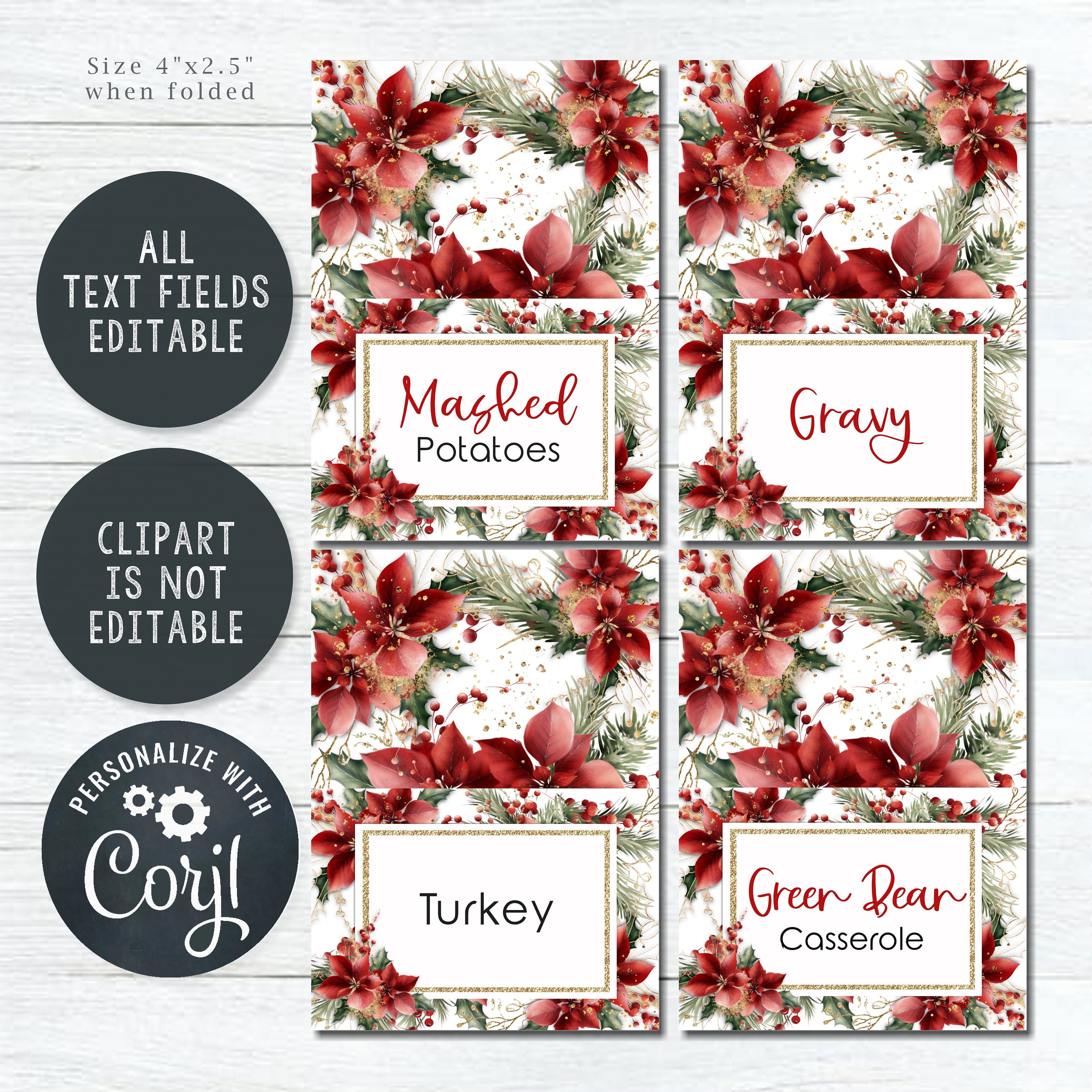 Editable Christmas Food Labels: Poinsettia Floral Design (DIY Printable ...