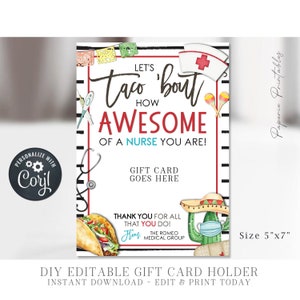 EDITABLE Nurse Appreciation Gift Card Holder, Let's Taco 'bout Awesome ...