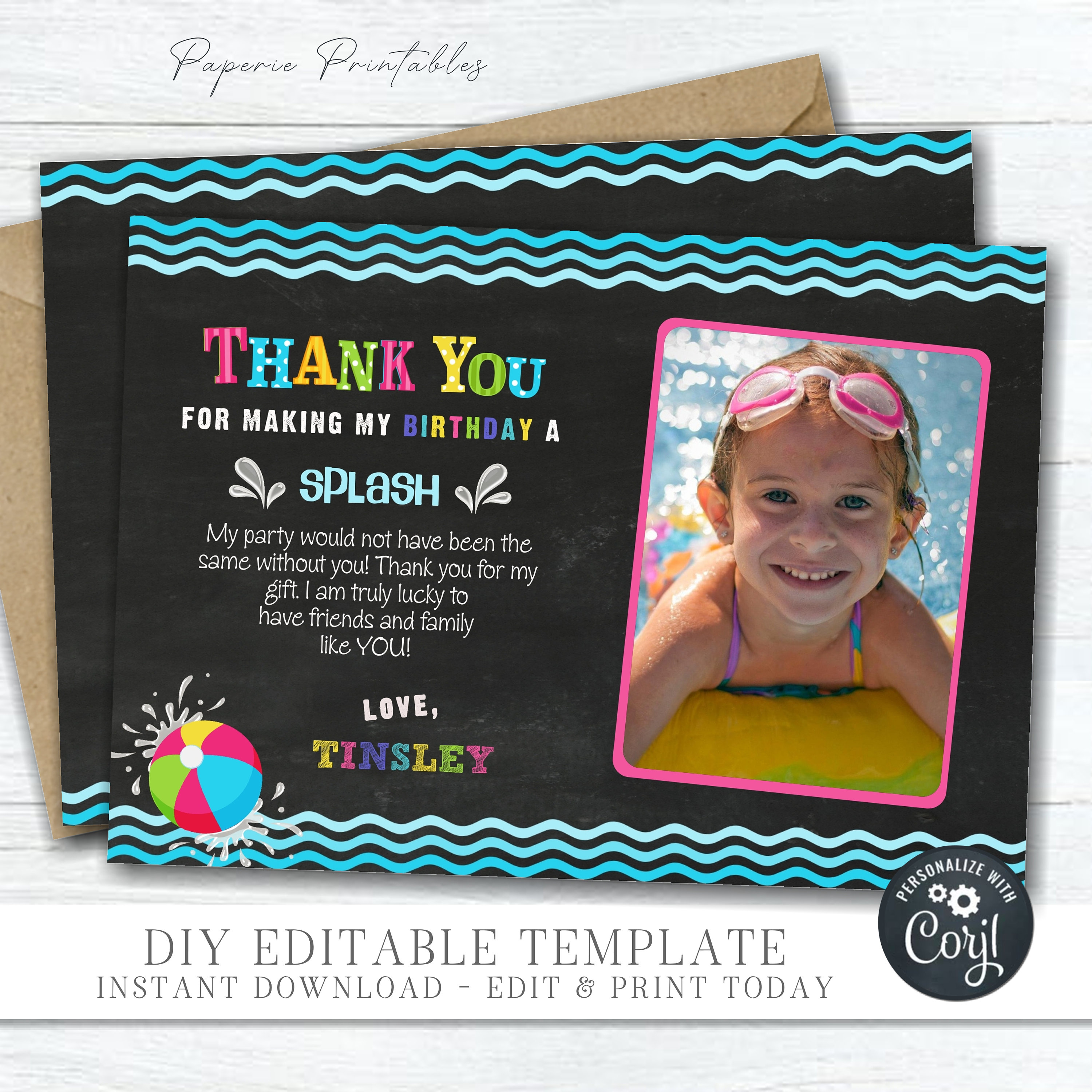 EDITABLE Girl Pool Party Birthday Thank You Card Pool Party - Etsy