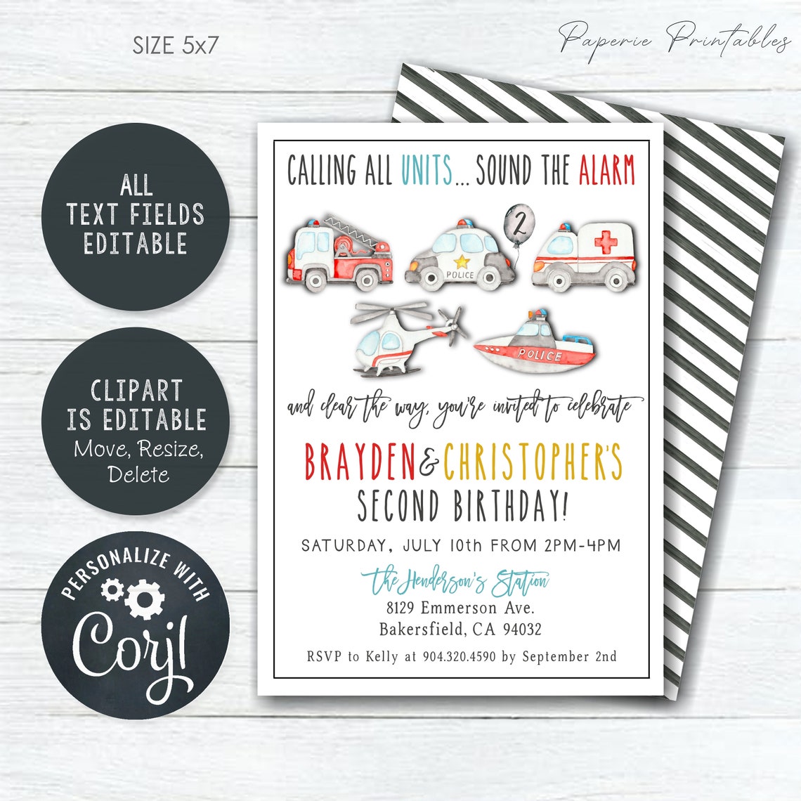 First Responders Birthday Invitation: Editable Rescue Party Template ...