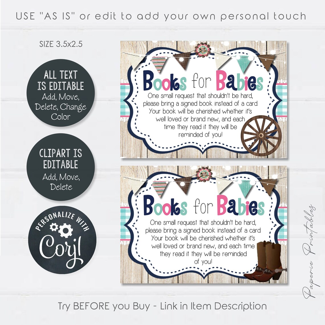 EDITABLE Cowboy Books for Baby Card Insert Little Cowgirl - Etsy