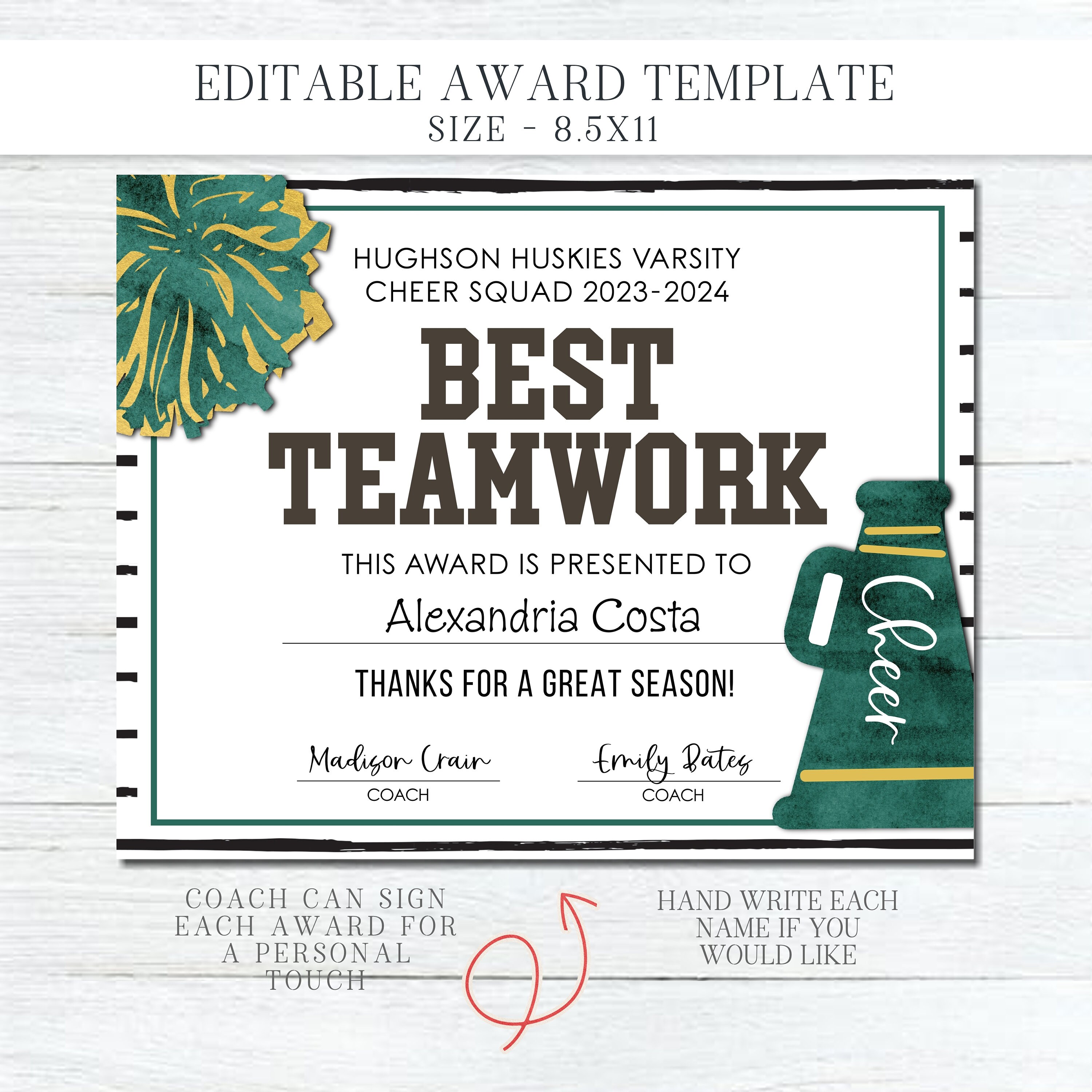 Editable Cheerleading Awards: Green & Gold Team Certificate (DIY W ...