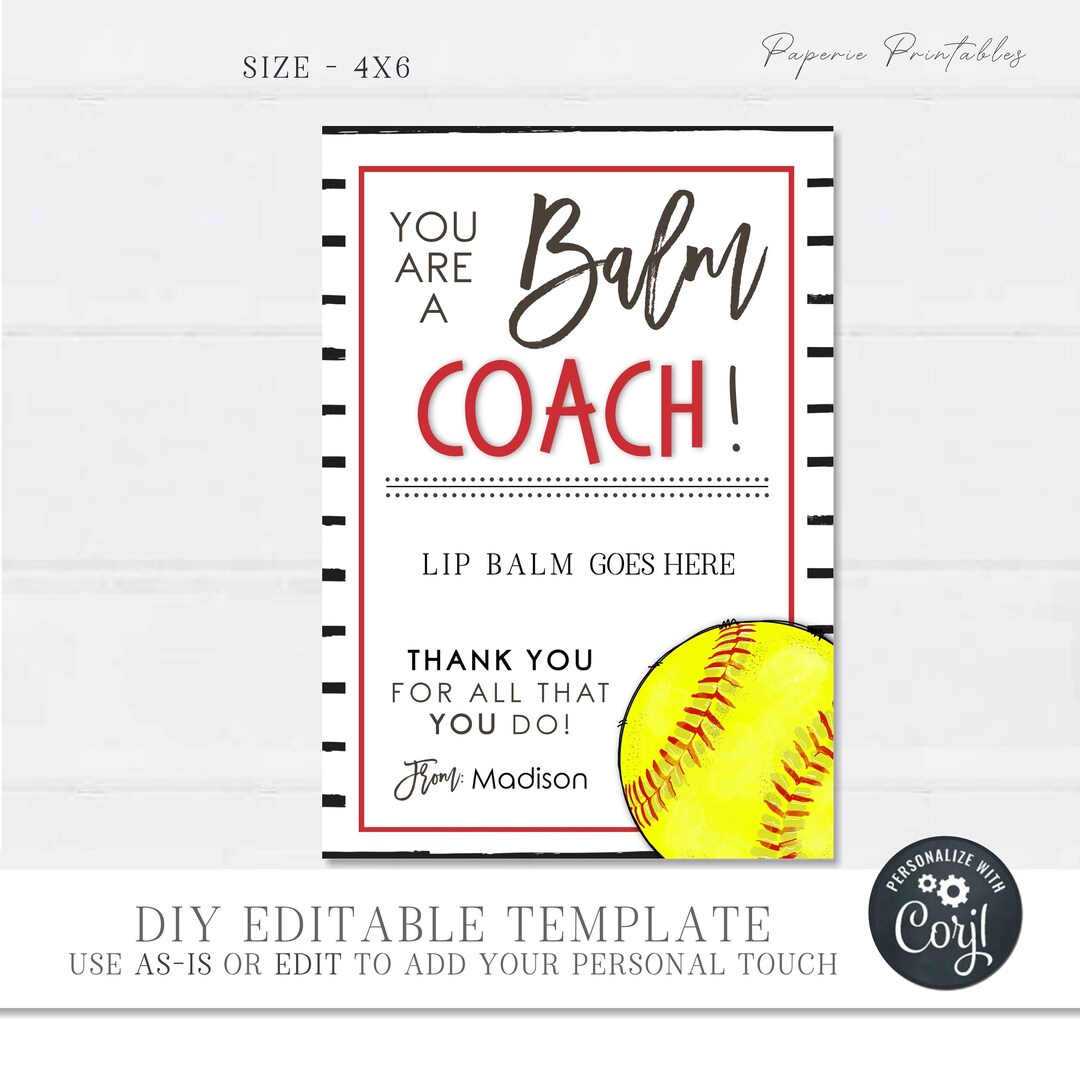 EDITABLE Softball Lip Balm Coach Appreciation Gift Card Holder, Coach ...