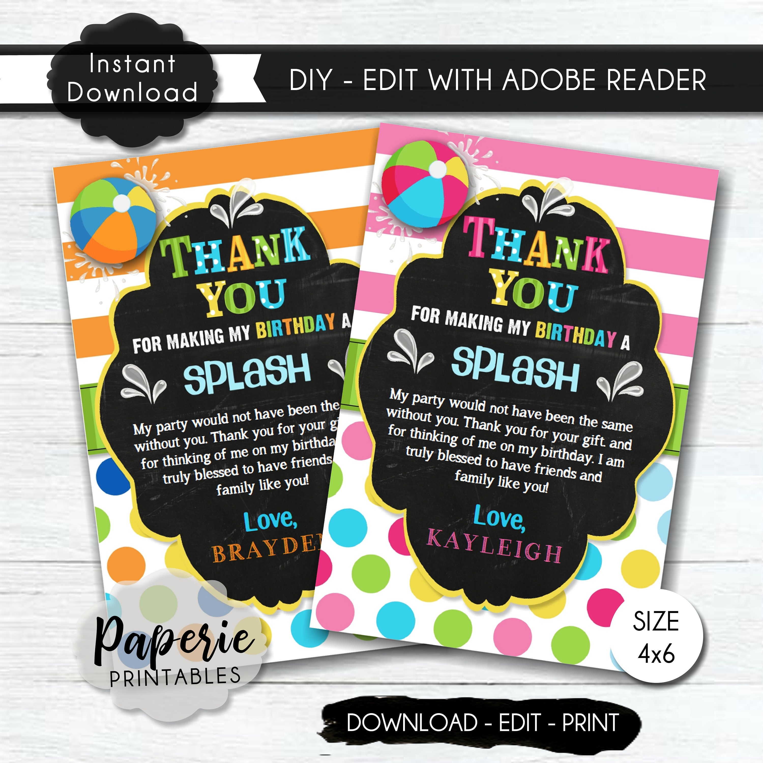 Pool Party Birthday Thank You Card Template Swimming Thank - Etsy