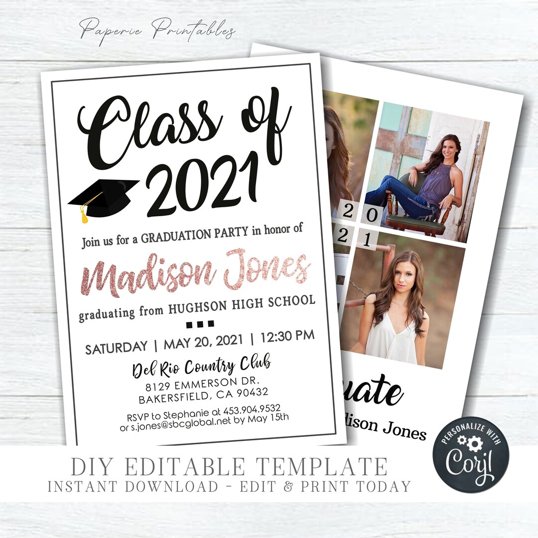 Rose Gold Graduation Party Invitation Template (DIY Editable, Digital ...