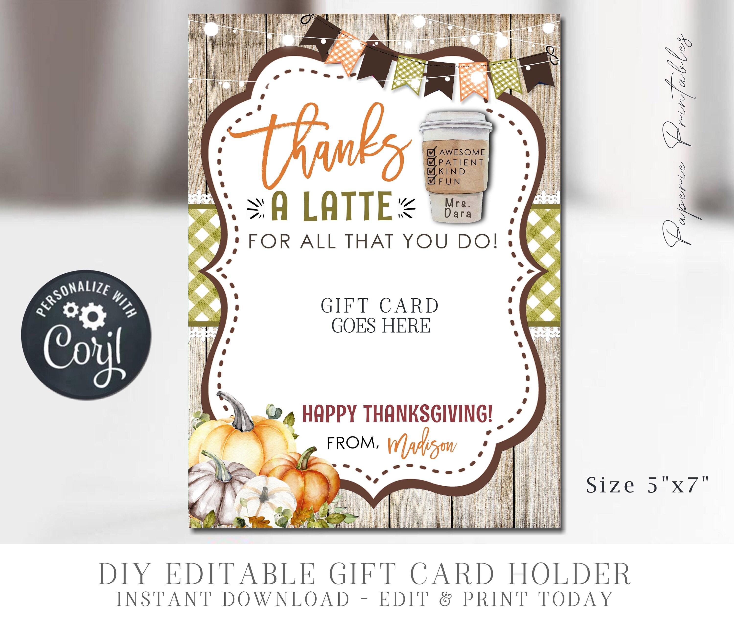 EDITABLE Thanksgiving Gift Card Holder Thanksgiving Thanks a - Etsy