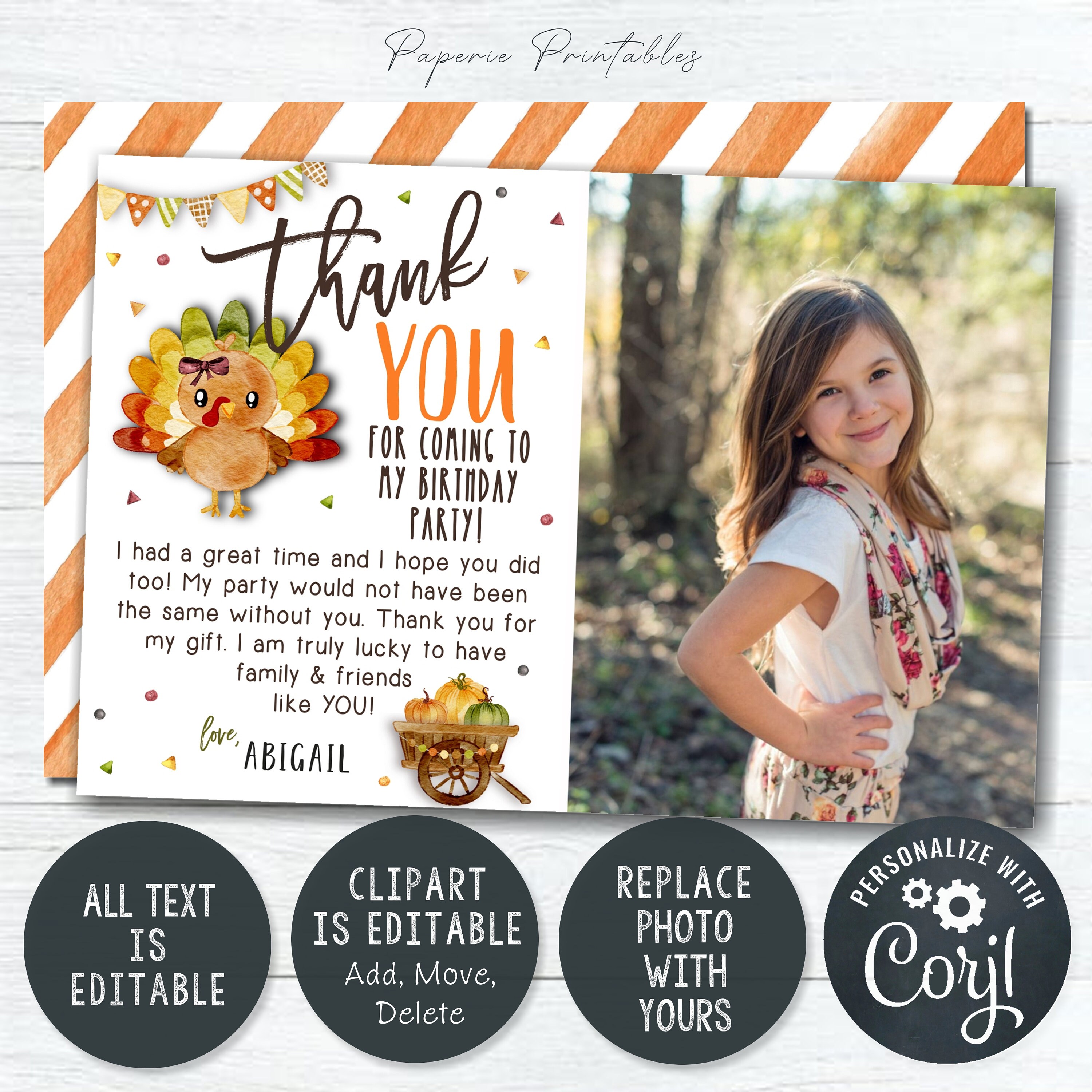 EDITABLE Little Turkey Birthday Thank You Card Thanksgiving - Etsy