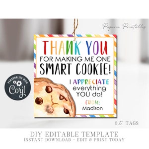 EDITABLE Cookie Teacher Appreciation Gift Tag, One Smart Cookie Teacher ...