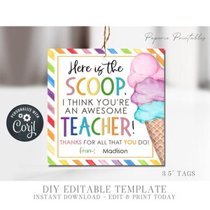 EDITABLE Teacher Appreciation Gift Tag, Here's the Scoop Teacher ...