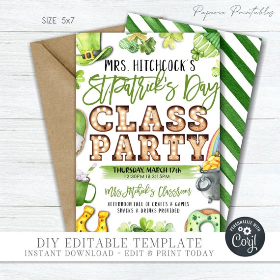 EDITABLE St. Patrick's Day Class Party Invitation St. | Etsy