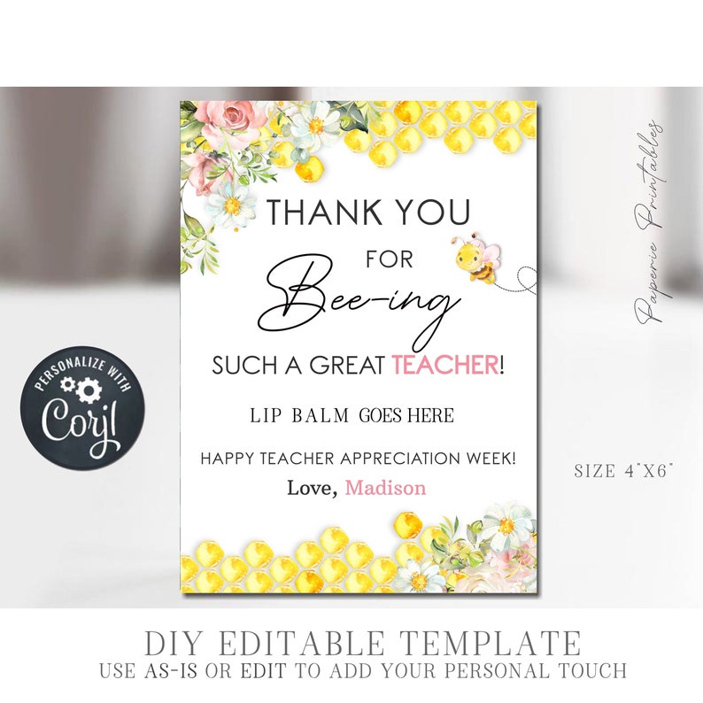 EDITABLE Lip Balm Teacher Appreciation Gift Tag Bee Teacher - Etsy