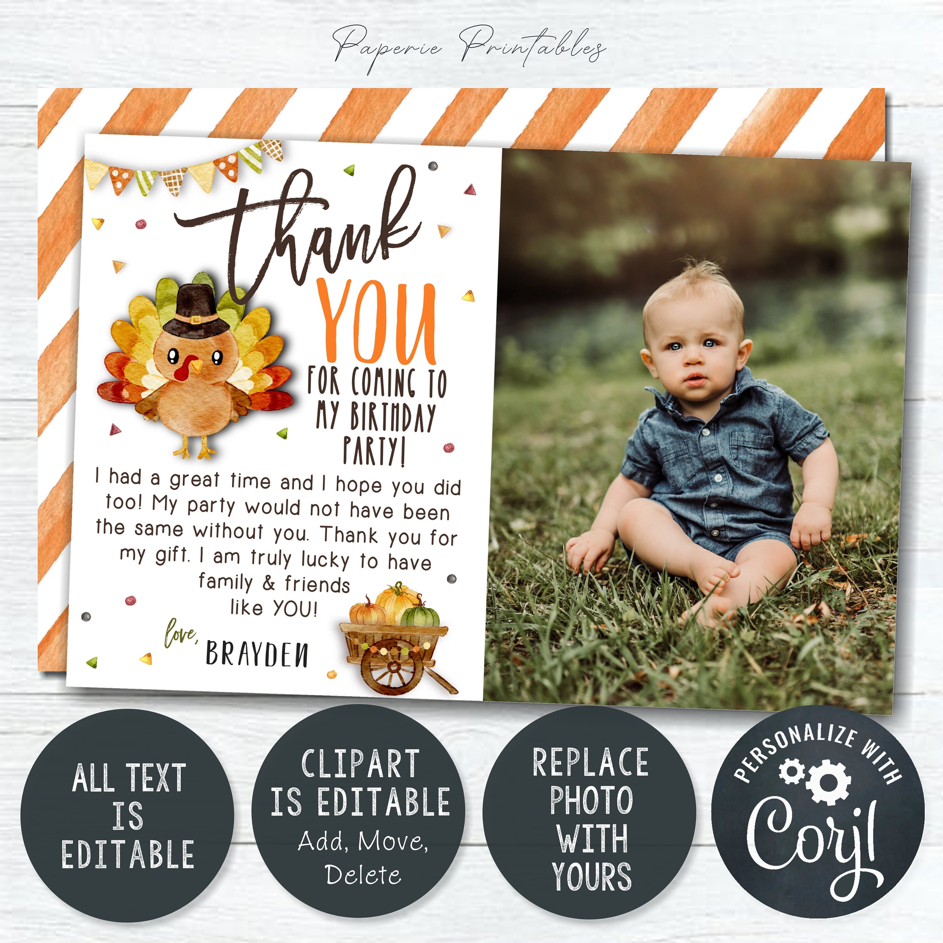 EDITABLE Little Turkey Birthday Thank You Card Thanksgiving - Etsy
