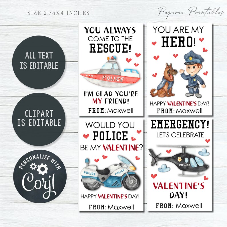 EDITABLE Police Valentine Cards Kid Valentine Cards School - Etsy