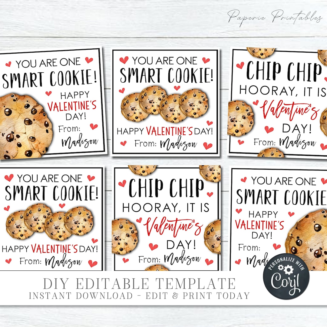 Editable Cookie Valentine's Day Card, Chip Chip Hooray Valentine ...