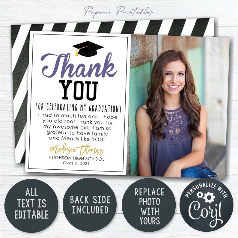 EDITABLE Graduation Thank You Card Gold Foil Thank You - Etsy