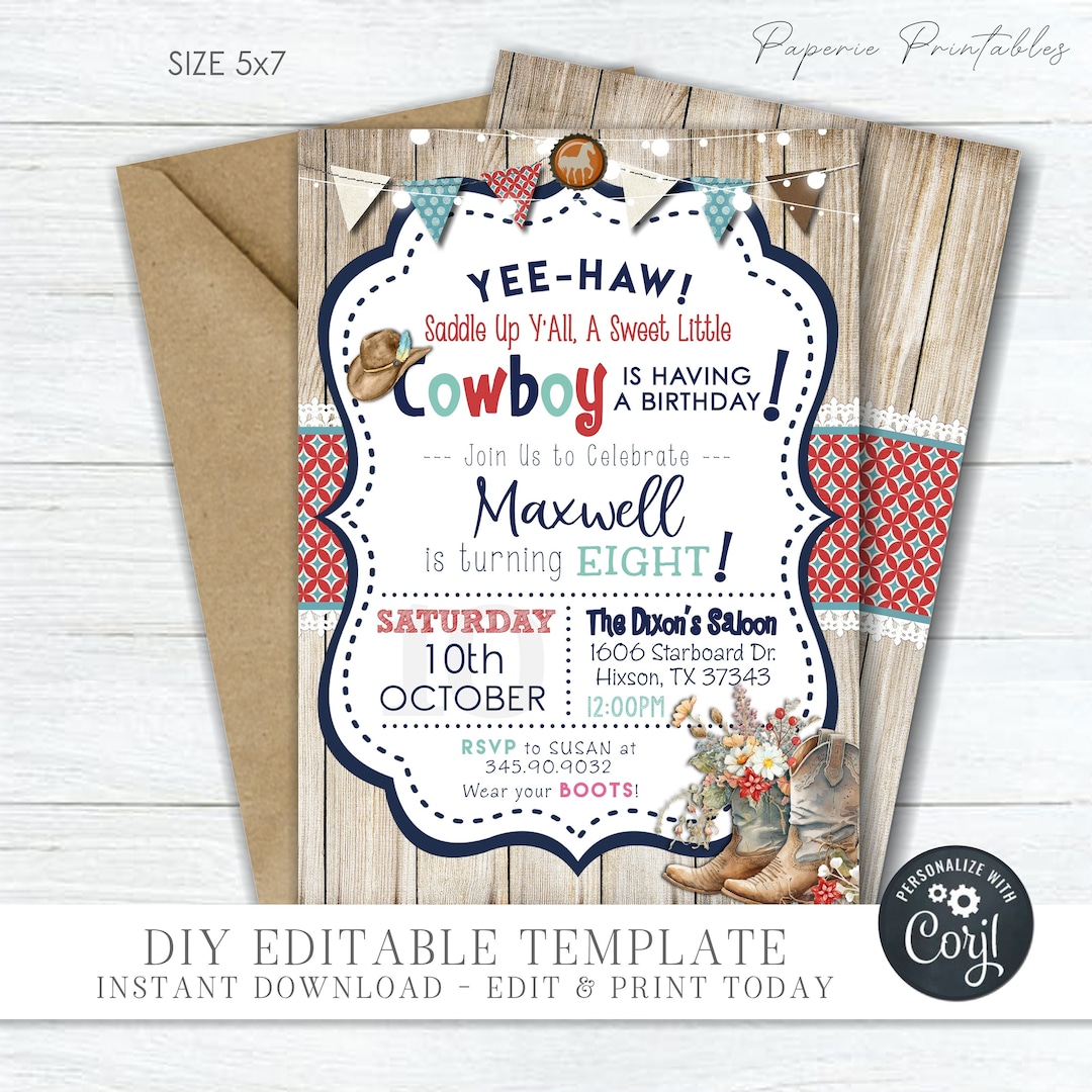 EDITABLE Cowboy Birthday Invitation, Cowboy Birthday Party Invite ...