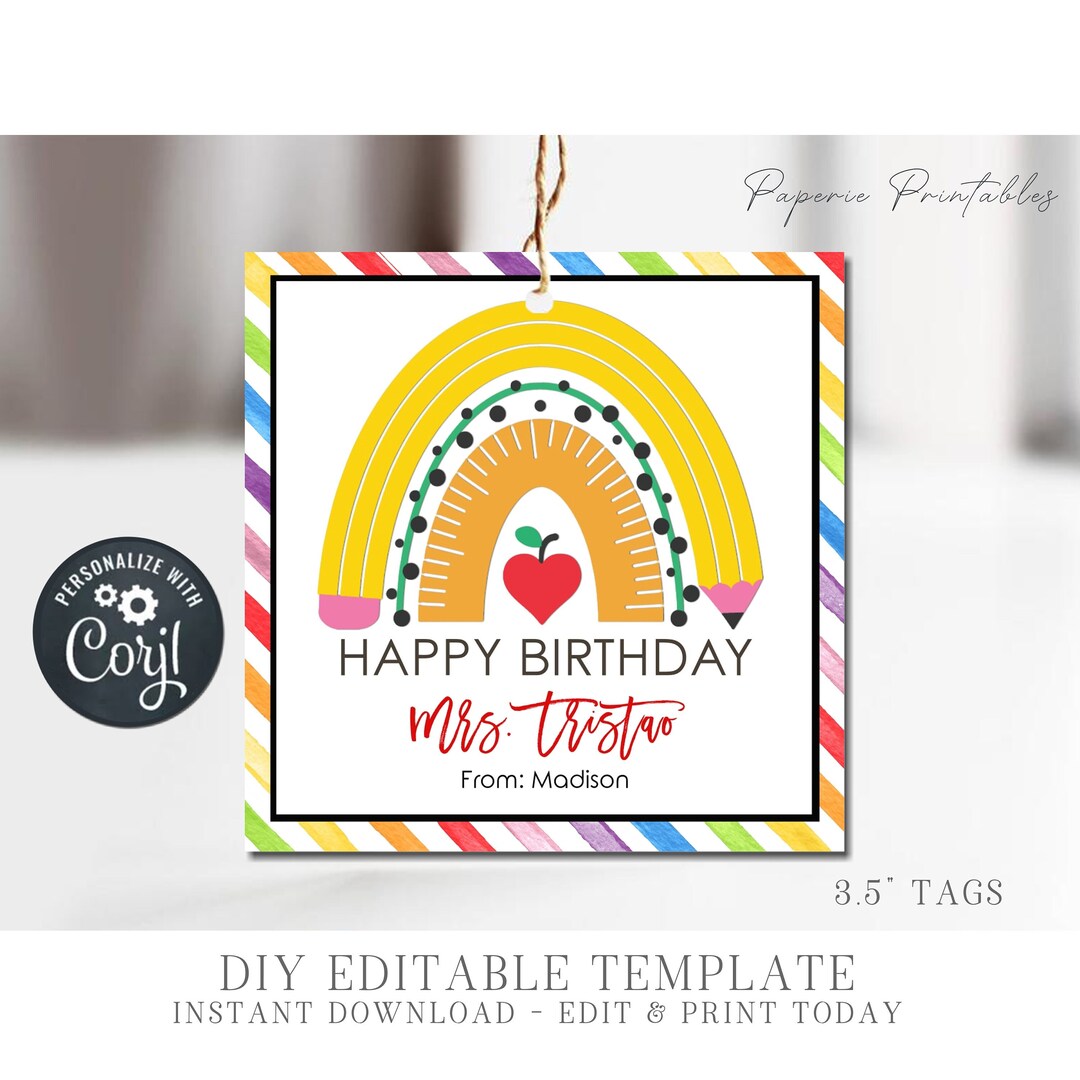 Editable Teacher Birthday Tag: Rainbow Gift (DIY Corjl Template) - Etsy
