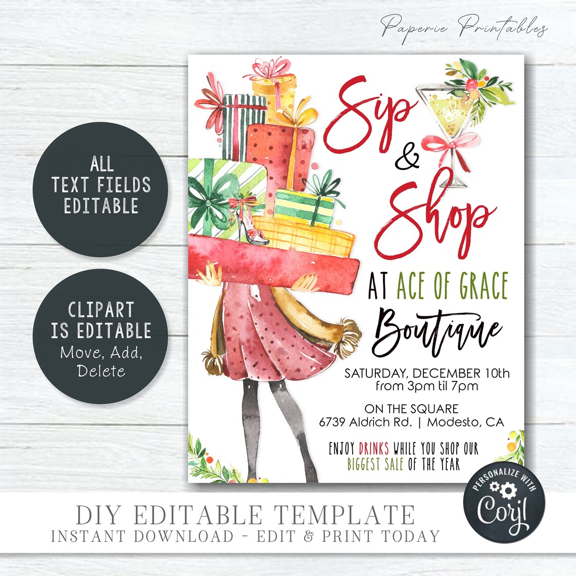 EDITABLE Christmas Sip & Shop Flyer, Christmas Shopping Flyer, Holiday ...