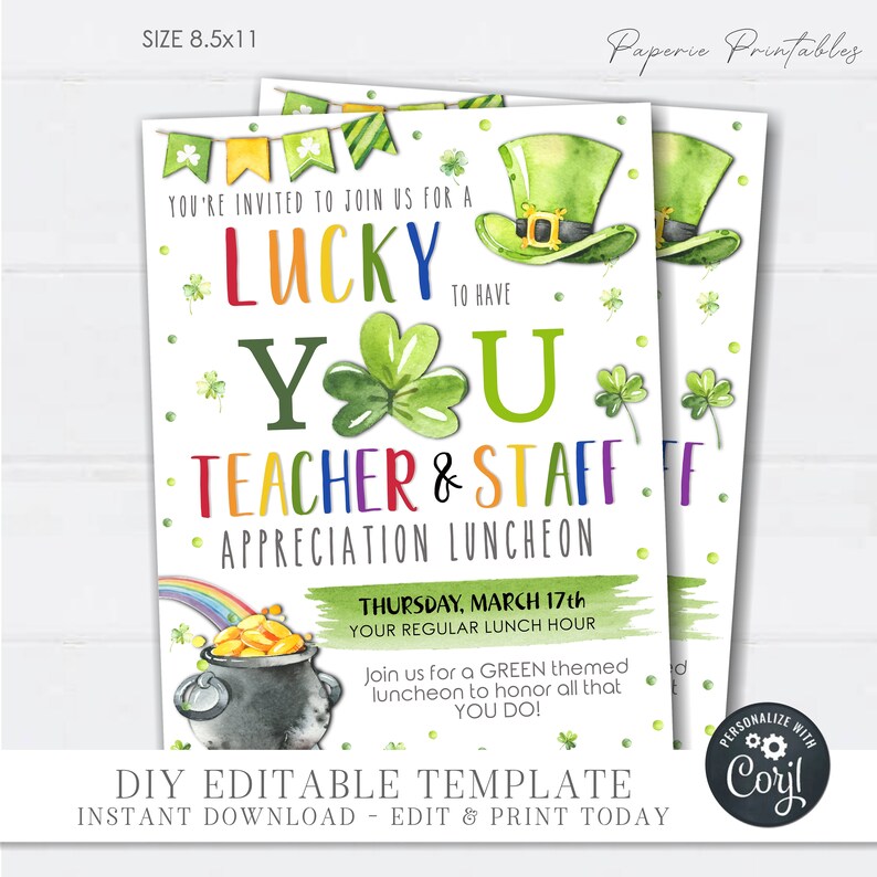 Editable St. Patrick's Day Teacher Appreciation Luncheon Flyer (DIY W ...