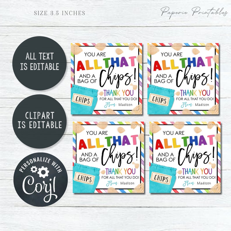 Editable Chips Teacher Appreciation Gift Tag (digital Download) #TAW08 ...