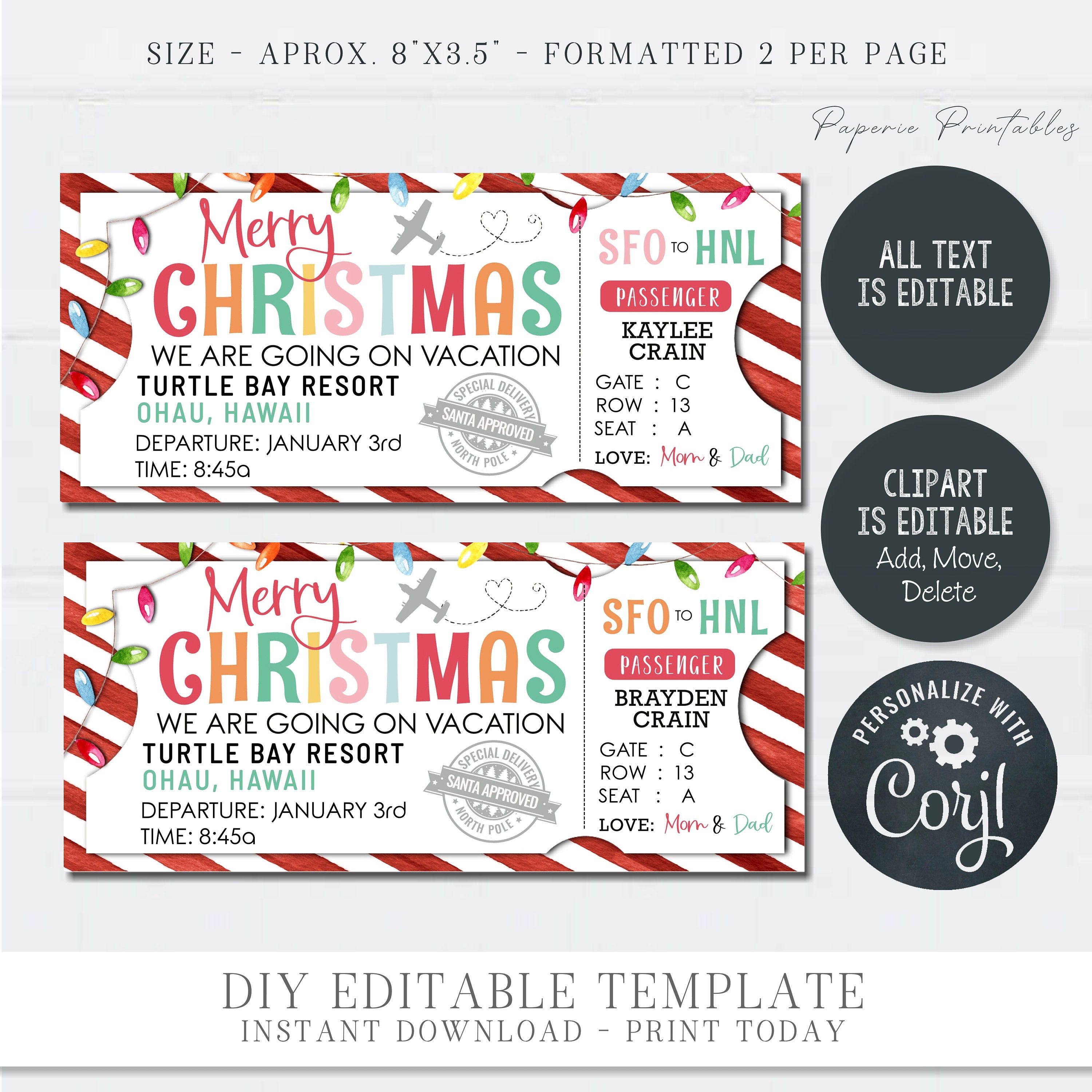 Editable Christmas Vacation Ticket: Boarding Pass Template (digital ...