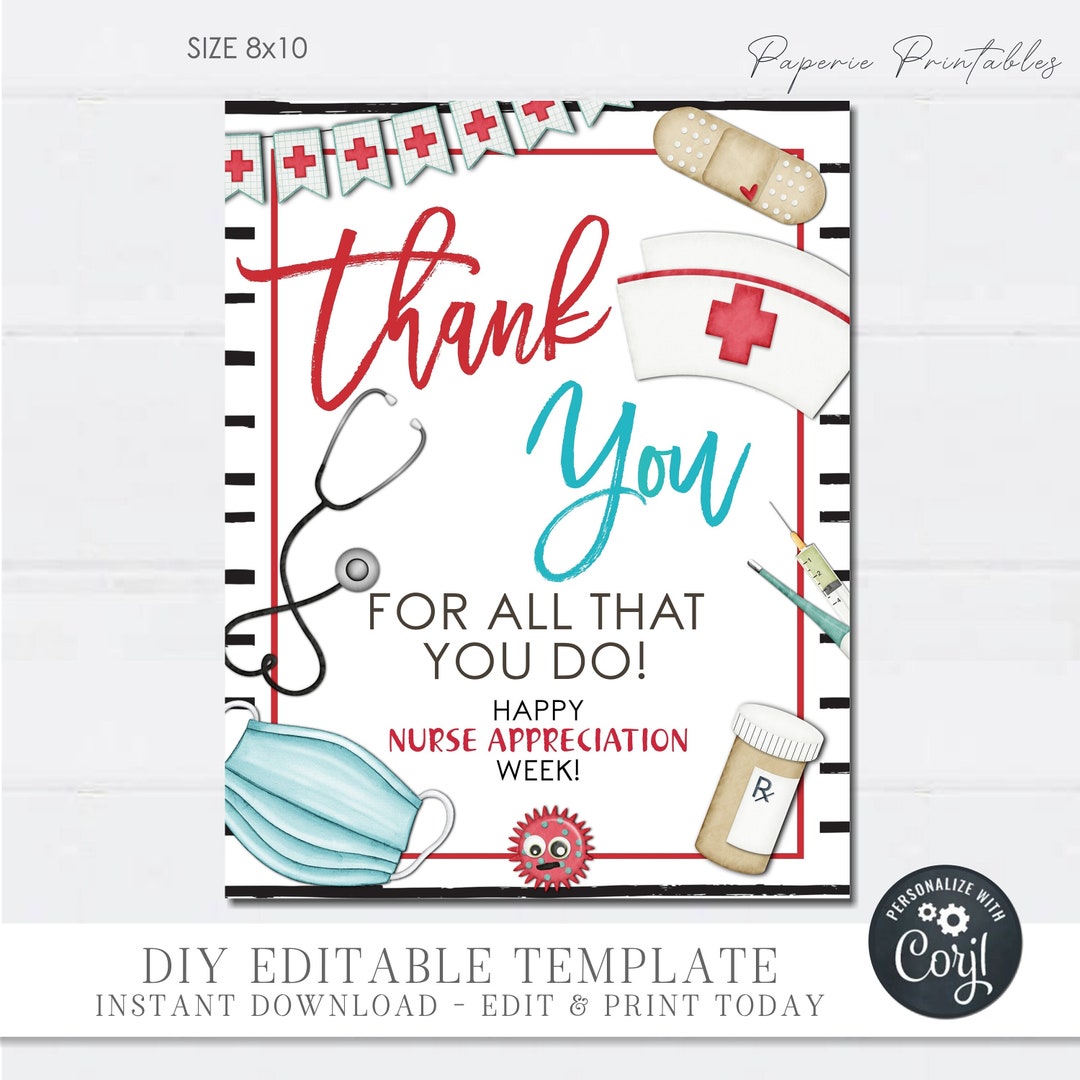 Editable Nurse Appreciation Sign: Thank You Printable (digital Download ...