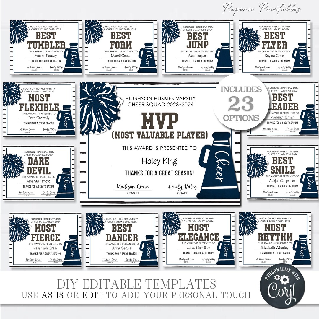 Editable Cheerleading Awards: Navy and White Team Certificate (DIY W ...