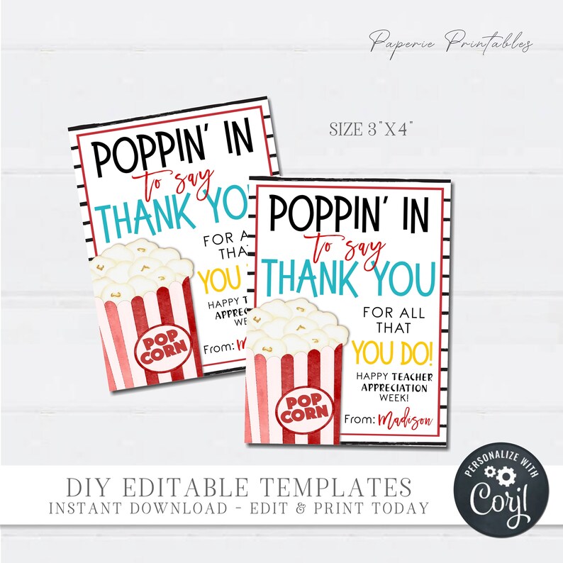 Editable Popcorn Teacher Appreciation Gift Tag (digital Download) # ...