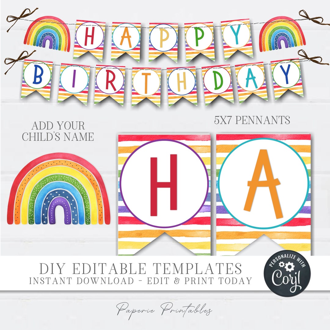 EDITABLE Rainbow Birthday Decorations, Happy Birthday Banner, Rainbow ...