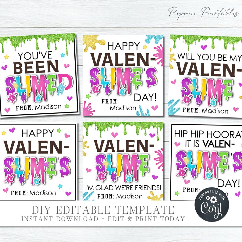 Editable Slime Valentine Cards: Kid's Printable Tags (DIY Corjl) - Etsy